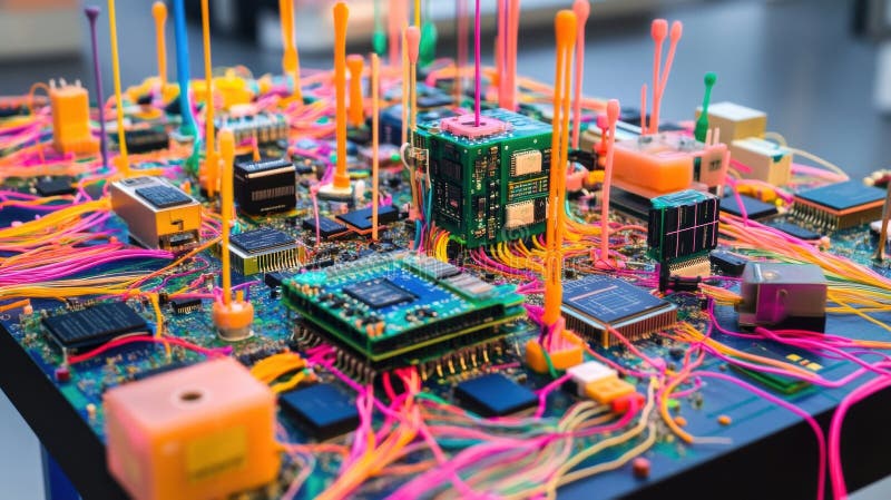 Colorful Wires Connecting Electronic Components on Circuit Board Stock ...