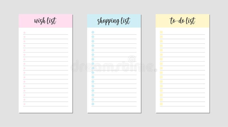 Colorful Wish List, Shopping List, and ToDo List Set for Organization and Planning Stock Vector ...