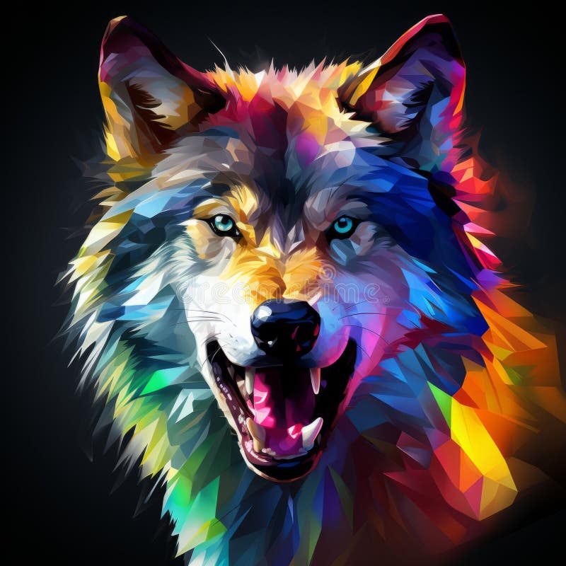 Abstract Wolf Head with Colorful Geometric Shapes in the Background ...