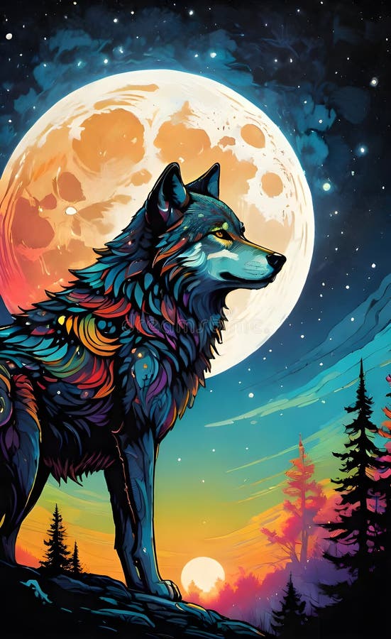 Colorful Wolf Looking at the Moon Ai Generated Stock Illustration ...