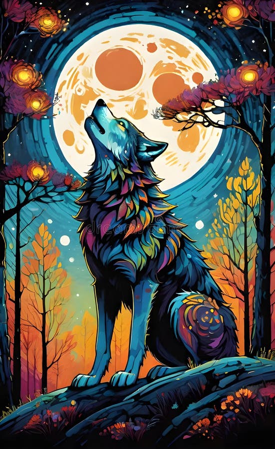 Colorful Wolf Looking at the Moon Ai Generated Stock Illustration ...