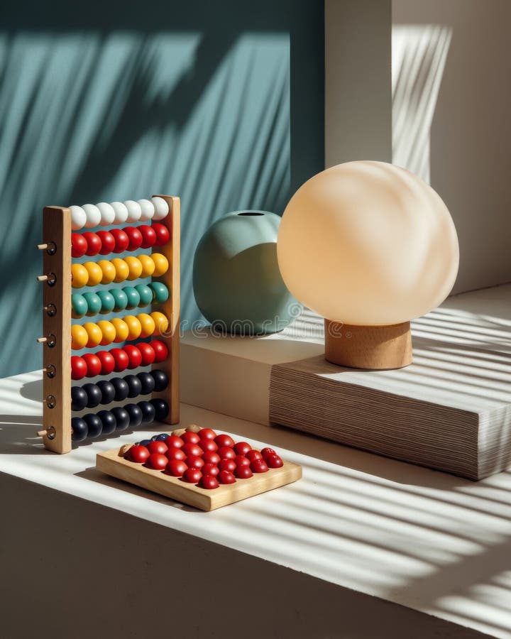Colorful Wooden Abacus and Table Lamp on White Desk Stock Illustration ...