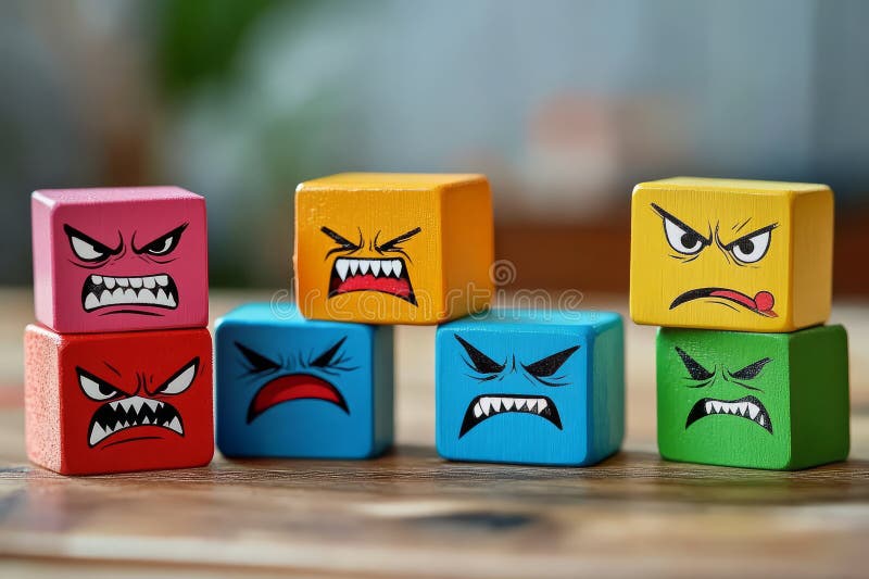Colorful Wooden Blocks with Angry Faces Stacked on Table, Expressing ...