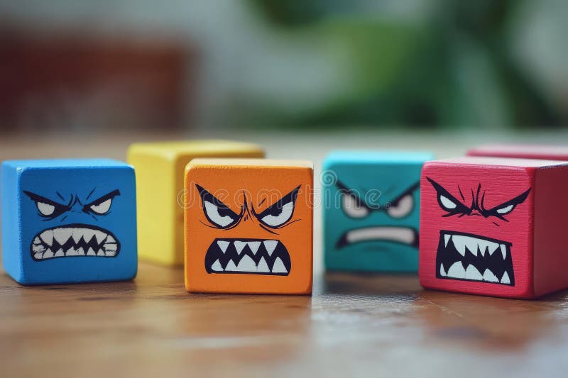 Colorful Wooden Blocks with Angry Faces on Table Create Playful Scene ...