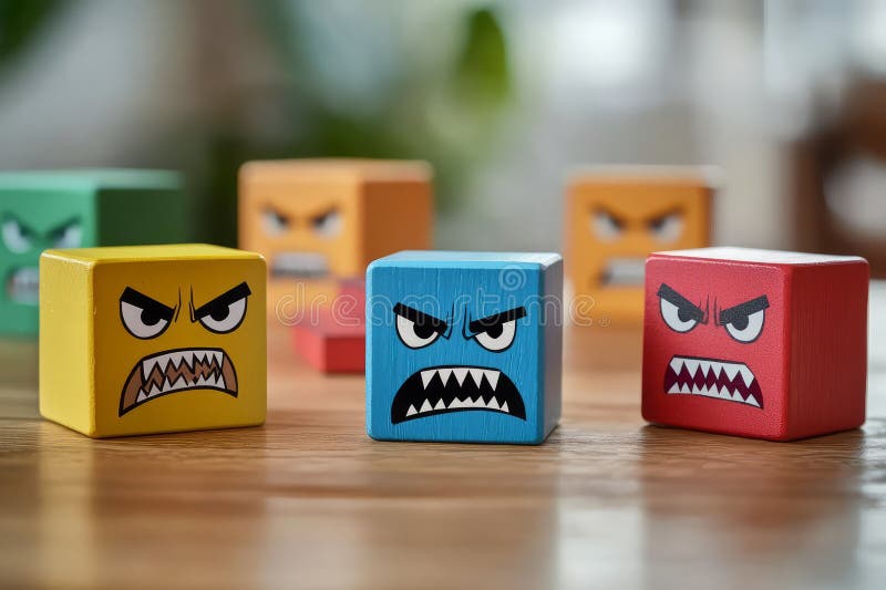 Colorful Wooden Blocks with Angry Faces on Table Create Playful Scene ...