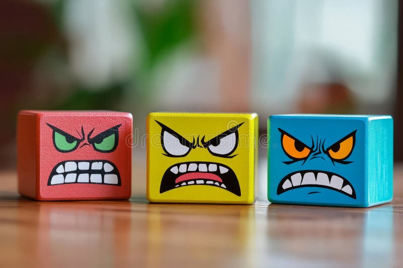 Colorful Wooden Blocks with Angry Faces on Table, Expressing Emotions ...