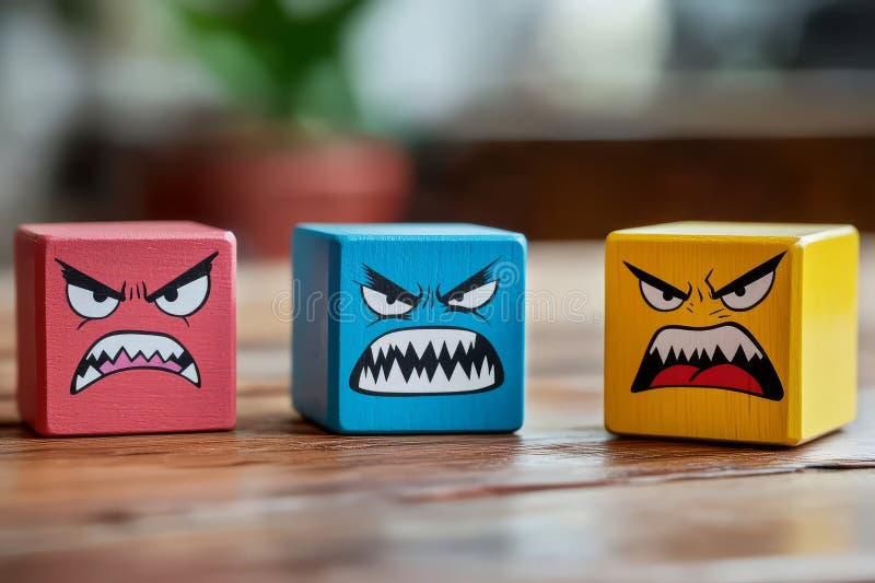 Colorful Wooden Blocks with Angry Faces on Table, Showcasing Emotions ...