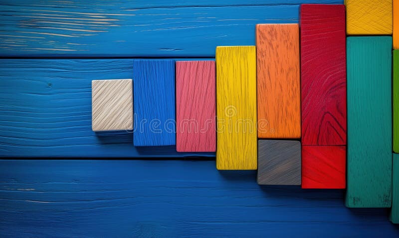 Colorful Wooden Blocks Arranged in a Gradient Pattern on Blue Wooden ...
