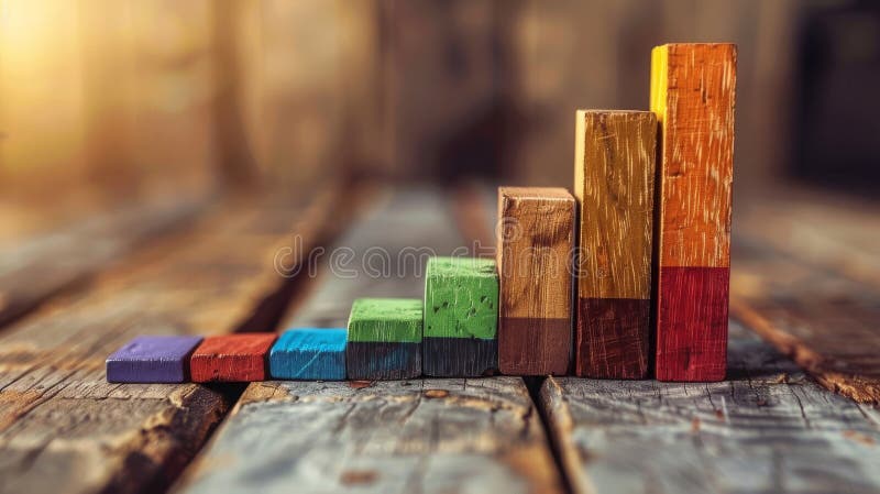 Colorful Wooden Blocks Forming Rising Graph on Rustic Table Stock ...