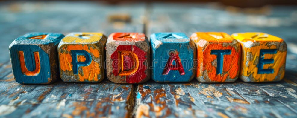 Colorful Wooden Blocks Spelling UPDATE on a Rustic Grey Wood Surface ...