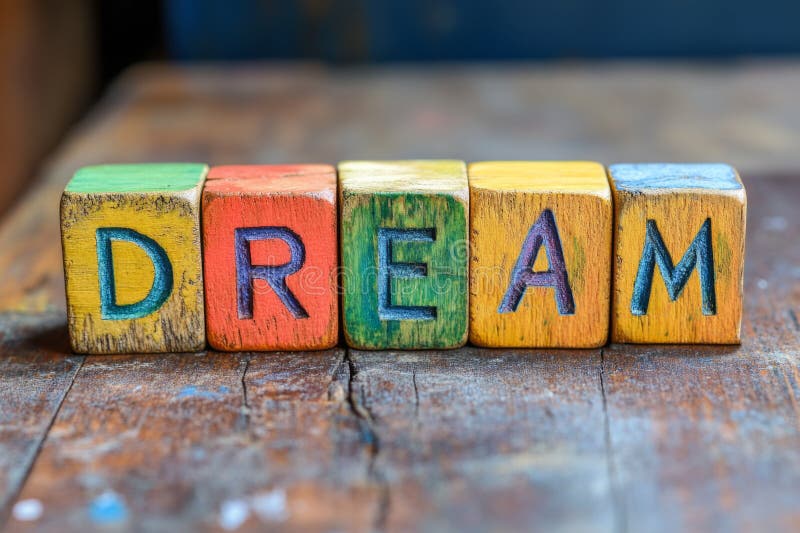 Colorful Wooden Blocks Spelling Word Dream Sitting Rustic Table Stock ...