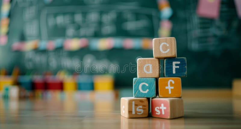Colorful Wooden Blocks Stacked in Classroom during Learning Activity ...
