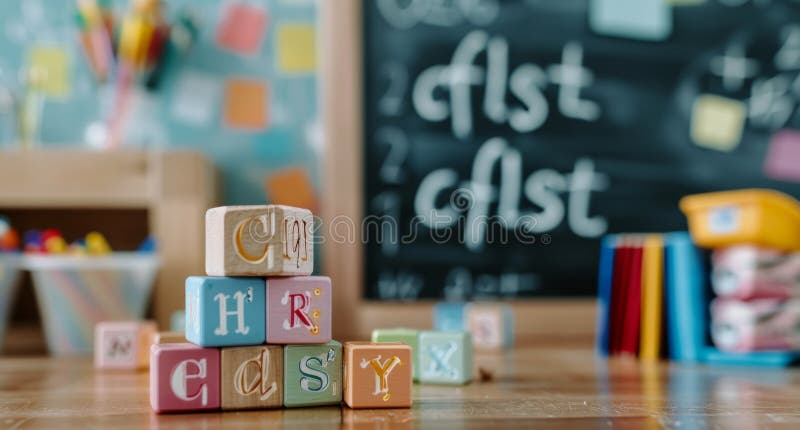 Colorful Wooden Blocks Stacked in Classroom during Learning Activity ...