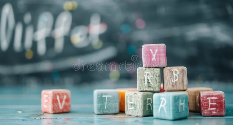 Colorful Wooden Blocks Stacked on a Table with Chalkboard Background ...