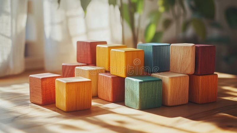 Colorful Wooden Blocks in Sunlight on a Table. Stock Photo - Image of ...