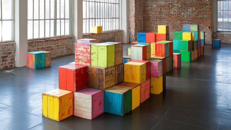 Colorful Wooden Box Sculpture in Industrial Loft Setting Stock ...