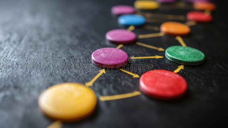 Colorful Wooden Circles Connected by Arrows on a Dark Background ...