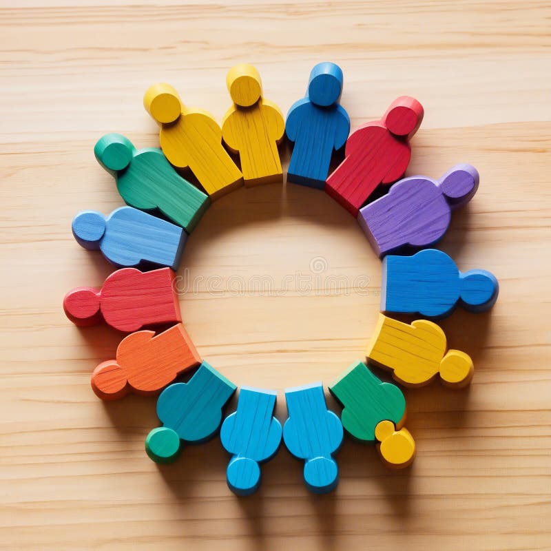 Colorful Wooden Figures Forming a Circle on a Wooden Background Stock ...