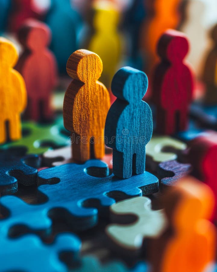 Colorful Wooden Figures on Puzzle Pieces Symbolize Teamwork and ...