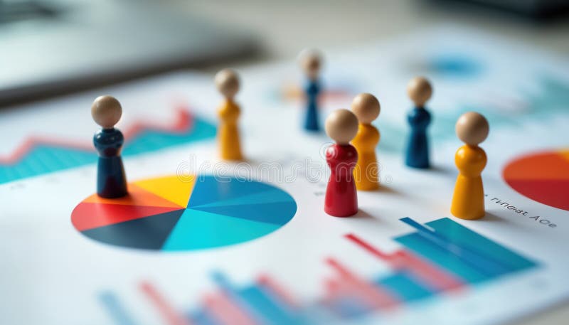 Colorful Wooden Figures Stand on Document with Charts, Graphs. Pie ...