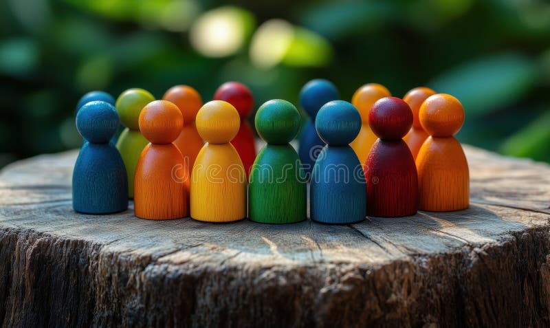 Colorful Wooden Figurines Arranged in Circle on Tree Stump Surrounded ...