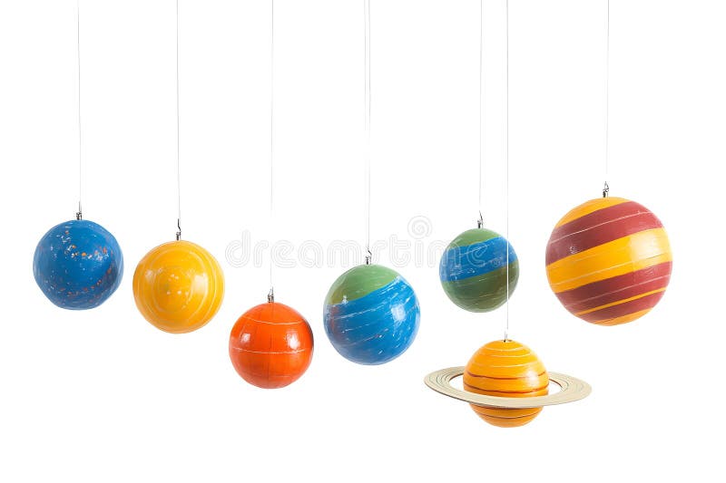 Colorful Wooden Planets Hanging on Strings Against White Background ...