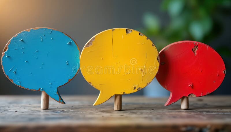 Colorful Wooden Speech Bubbles Stand on a Rustic Table. Open ...