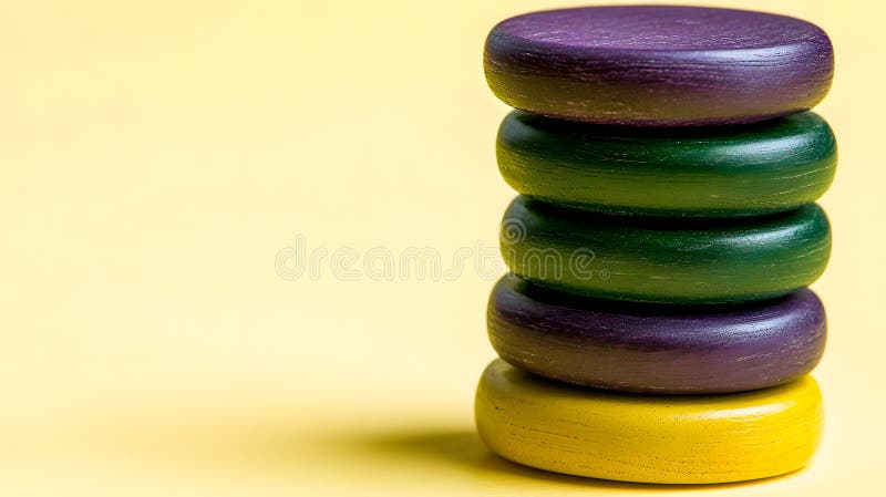 Colorful Wooden Stacking Disks on a Yellow Background Stock Photo ...