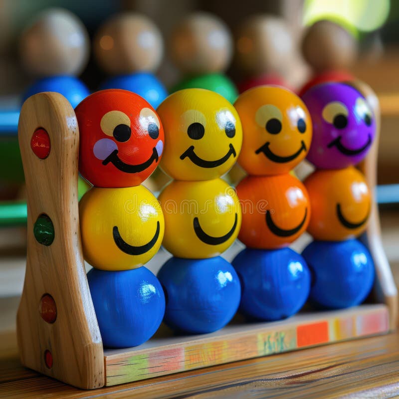 Colorful Wooden Toy Sorting Rack with Smiling Faces Displayed in a ...