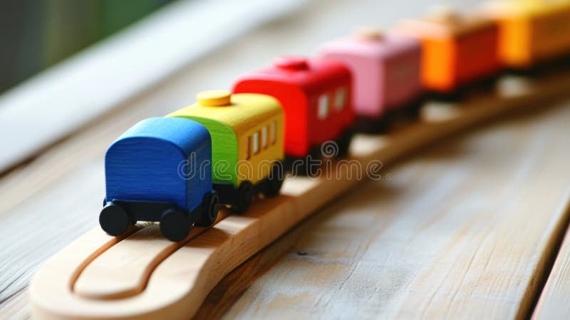 Wooden Toy Train on a Wooden Track, Close Up Stock Illustration ...