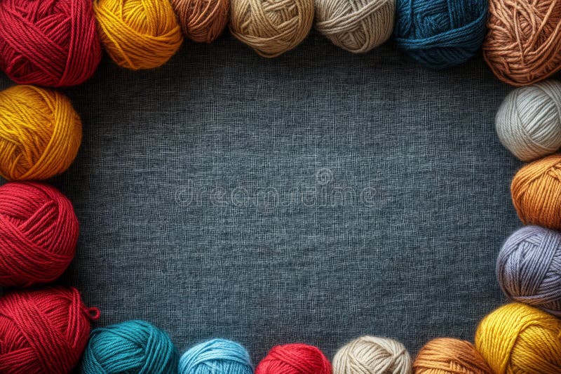 Colorful Wool Yarn Balls Forming a Frame on a Gray Cloth Background ...