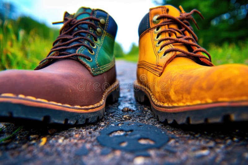 Colorful Work Boots on Gravel Path in Nature Setting Stock Image ...