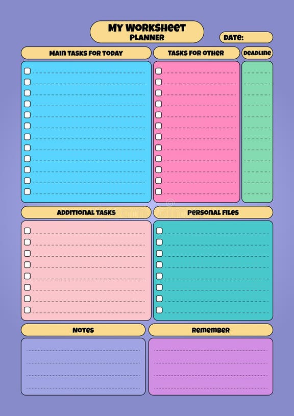 Colorful Work Sheet Planner Template for Task Management Stock ...