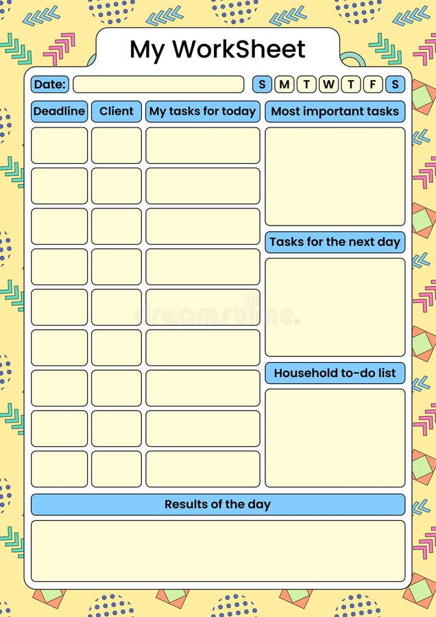 Colorful daily Worksheet Template for Task Management Stock ...