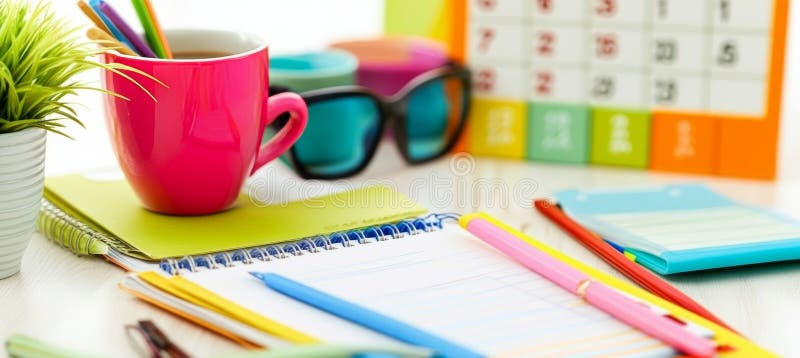 Colorful Workspace Accessories Coffee, Notepad, Pens and Calendar for ...