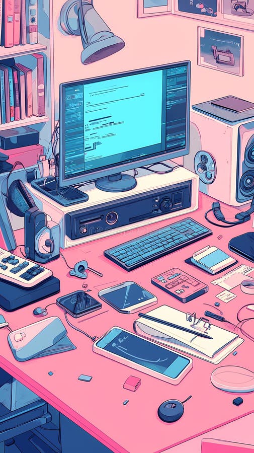 A Colorful Workspace with a Computer, Gadgets, and Coding Activity ...