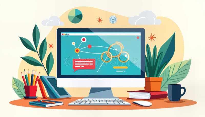 Colorful Workspace with Computer Screen Showing Educational Content ...