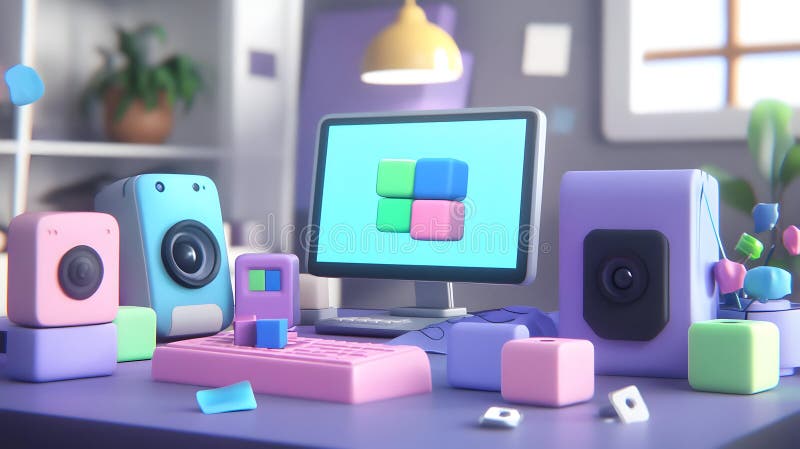 A Colorful Workspace Featuring Retro-style Gadgets and a Computer with ...