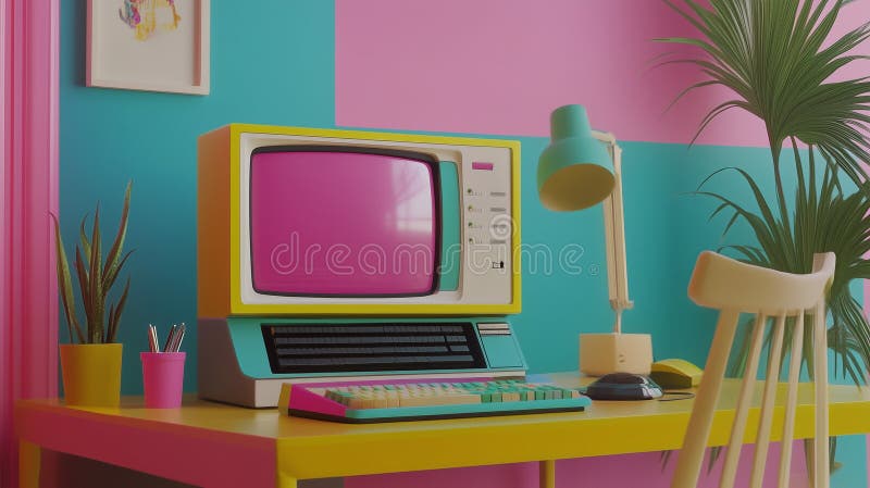 Colorful Workspace with a Retro Computer Setup, Merging Nostalgia and ...