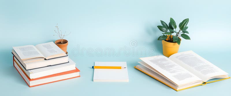 Colorful Workspace with Stacked Books, Notebook, Pen, and Potted Plants ...