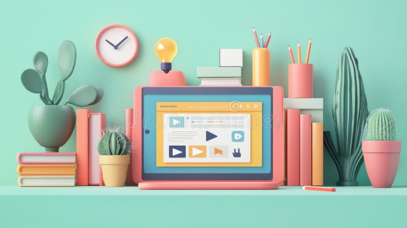 Colorful Workspace with Tablet Showcasing an Online Video Platform ...