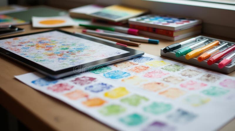 Workstation Filled with Design Samples and a Tablet Showcasing Creative ...