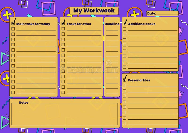 Colorful Workweek Planner with Task Sections and Checkboxes Stock ...