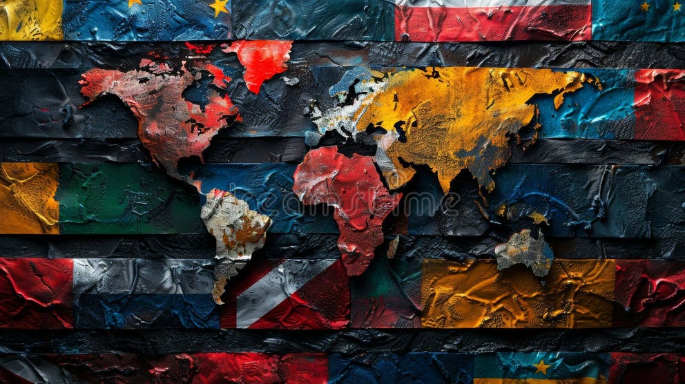 Colorful World Map Artwork with Textured Flags from Various Countries ...