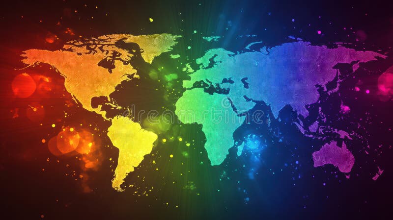 A Colorful World Map with Bright Lights on a Black Background, AI Stock ...
