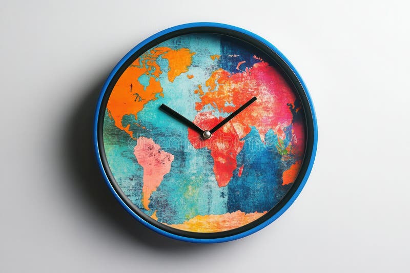 Colorful World Map Clock Hanging on White Wall, Showing Current Time ...