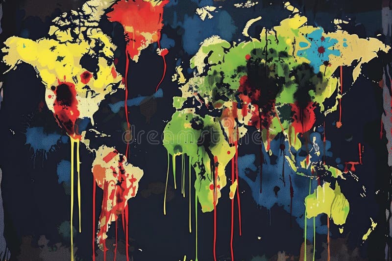 A Colorful World Map Covered in Vibrant Paint. Ideal for Educational or ...