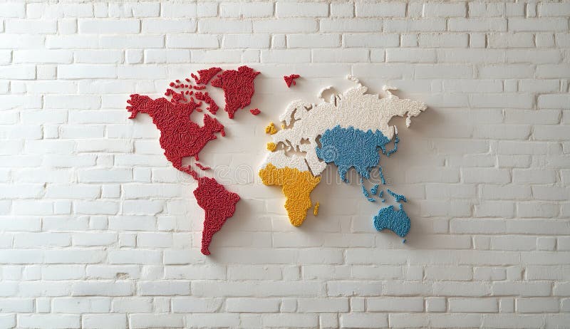 Colorful World Map Crafted from Textured Material, Mounted on a White ...