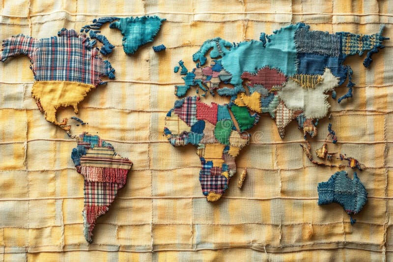 Colorful World Map Created with Patchwork Textile Showcasing Diverse ...
