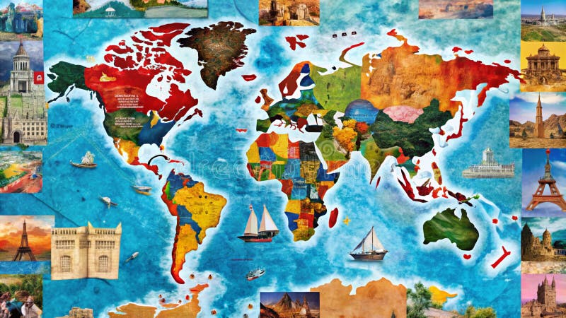 Colorful World Map with Famous Landmarks Stock Illustration ...